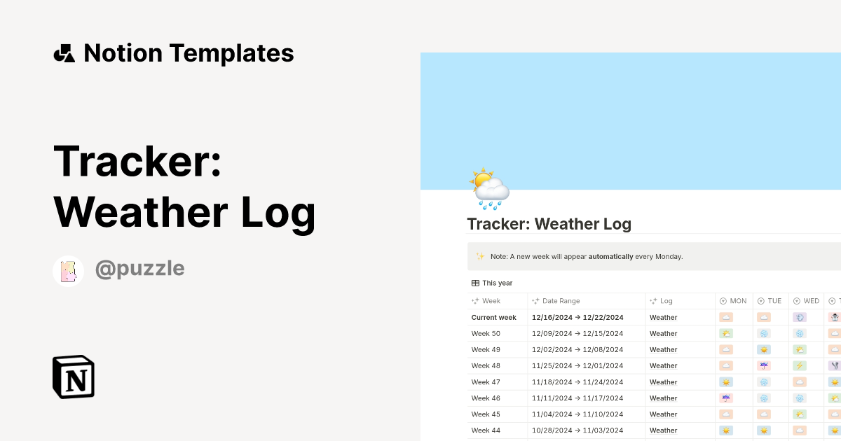 Tracker: Weather Log Template by Puzzle | Notion Marketplace