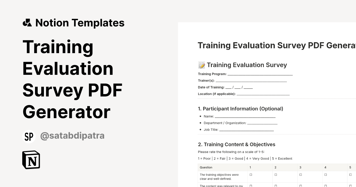 Training Evaluation Survey PDF Generator Template | Notion Marketplace