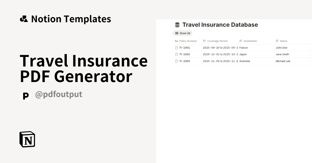 Travel Insurance PDF Generator Template by PDFOutput | Notion Marketplace