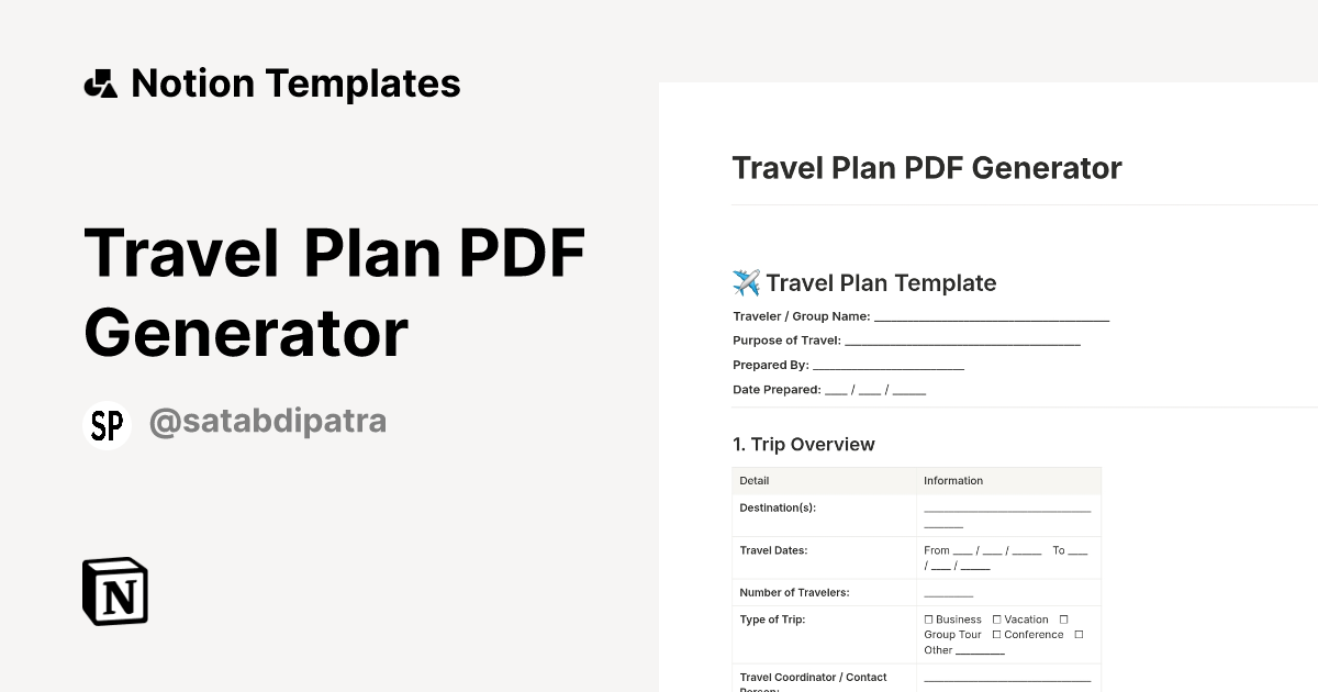 Travel Plan PDF Generator Template | Notion Marketplace