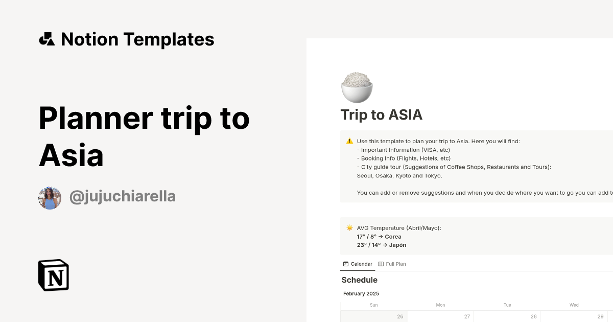 Planner trip to Asia Template by Juliana Chiarella | Notion Marketplace