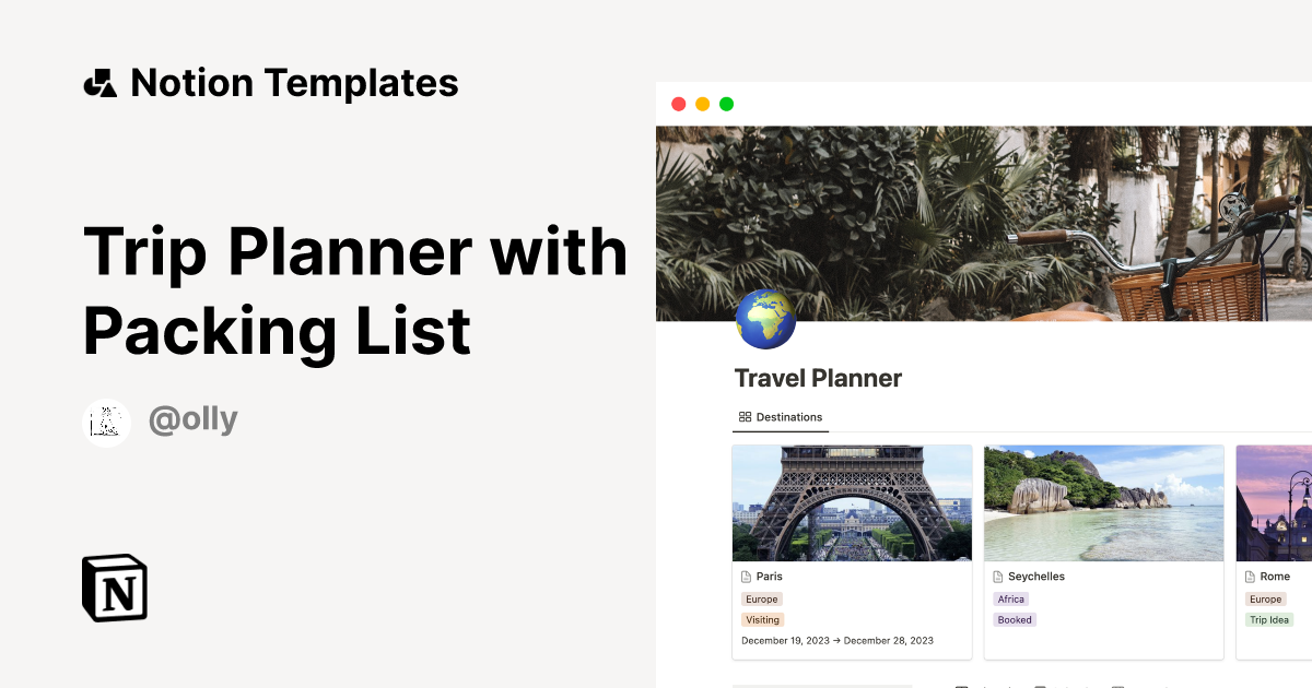 Trip Planner with Packing List Template by Olly HubCalendar | Notion ...