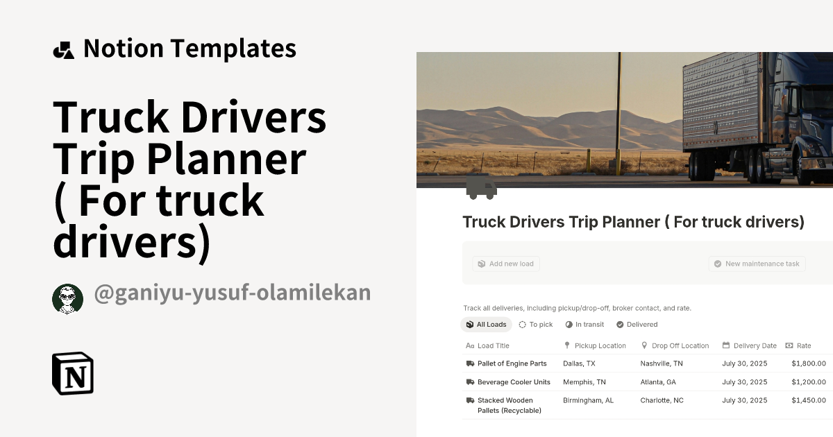 Truck Drivers Trip Planner ( For truck drivers) Template by Notionallity | Notion Marketplace