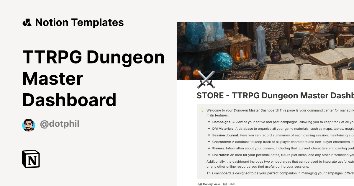 TTRPG Dungeon Master Dashboard Template by Filippo Calabrese | Notion ...