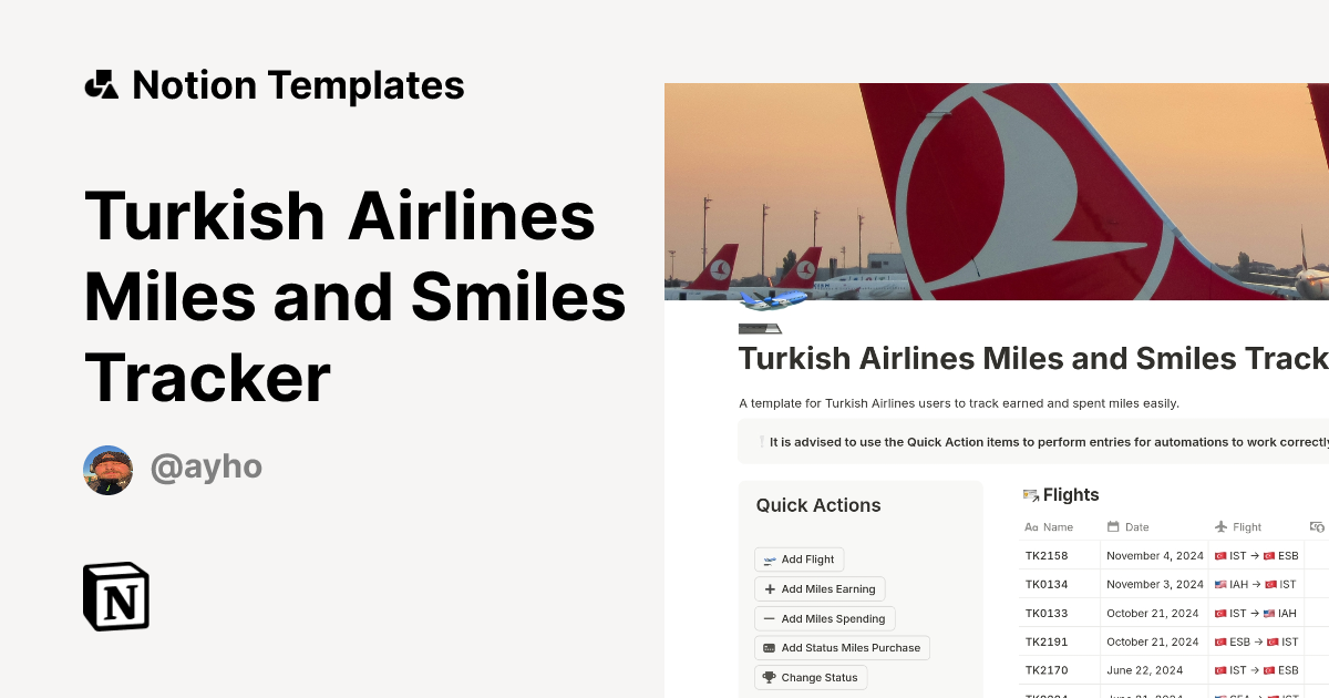 Turkish Airlines Miles and Smiles Tracker Template by Ayhan | Notion ...