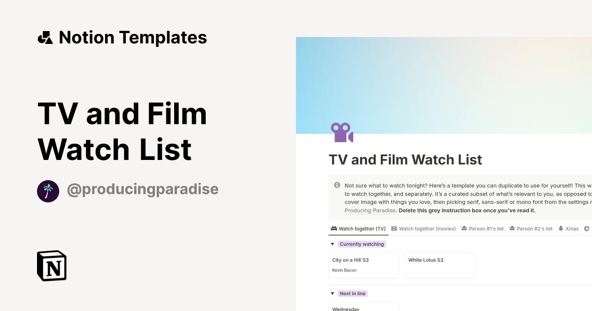 TV and Film Watch List Template by Producing Paradise | Notion Marketplace