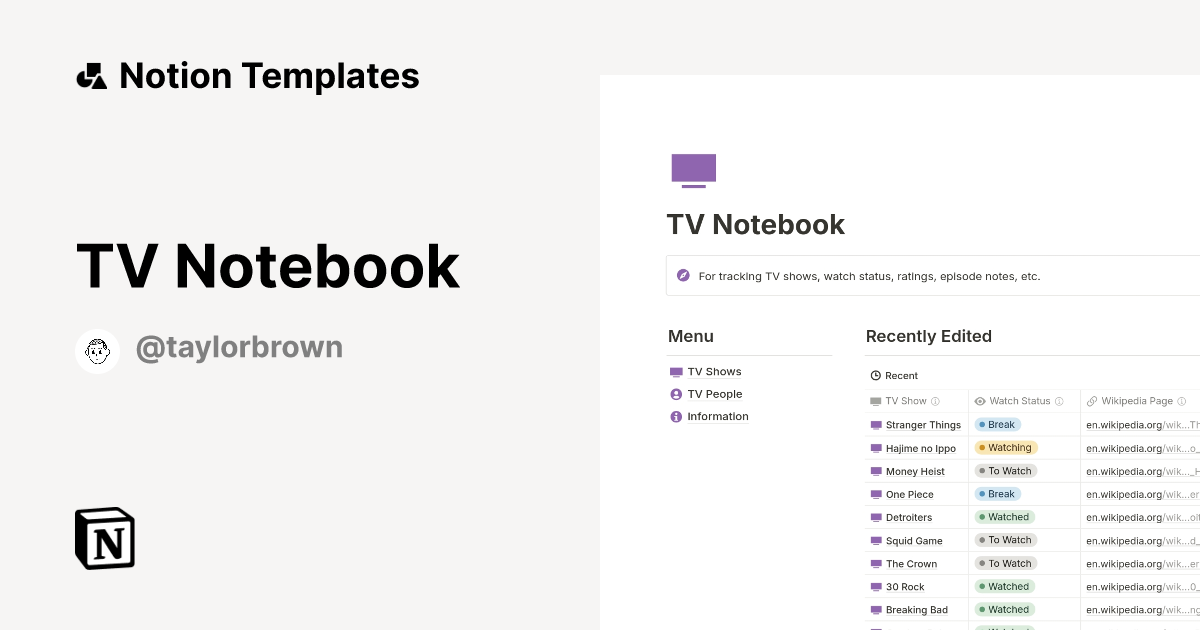 TV Notebook Template by Taylor Brown | Notion Marketplace