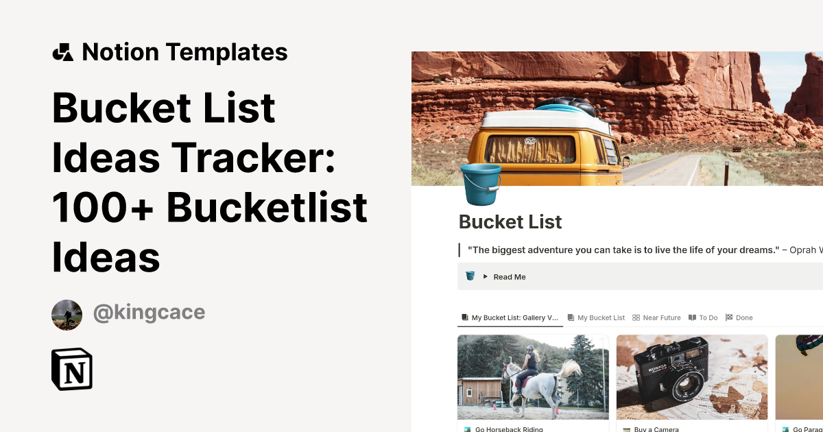 Bucket List Ideas Tracker: 100+ Bucketlist Ideas Template by Niko | Notion Marketplace