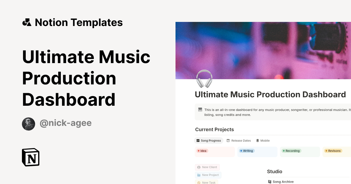 Ultimate Music Production Dashboard Template by Nick Agee | Notion ...