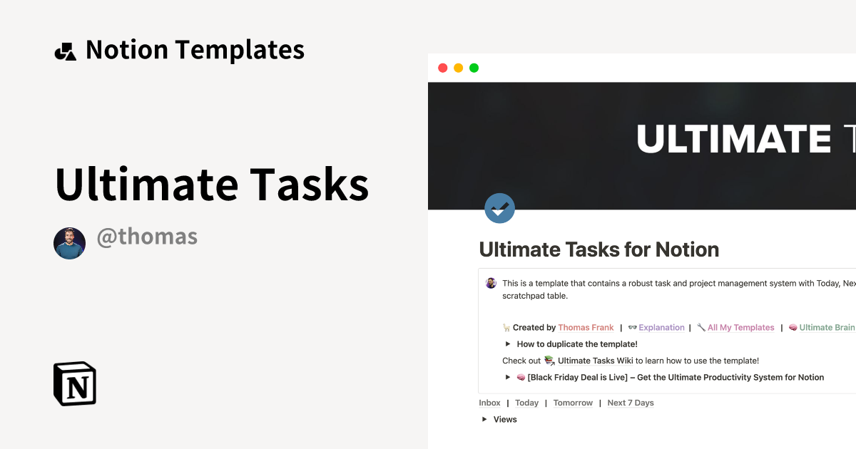 Ultimate Tasks Template by Thomas Frank | Notion Marketplace