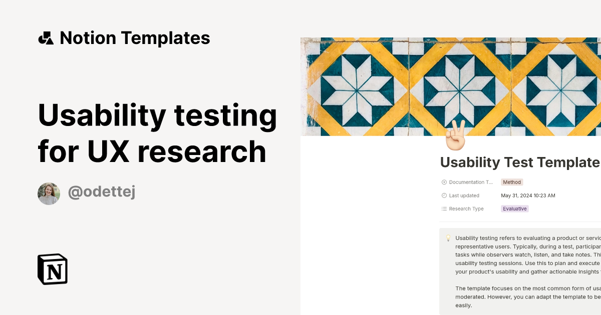 Usability testing for UX research Template by Odette Jansen | Notion ...
