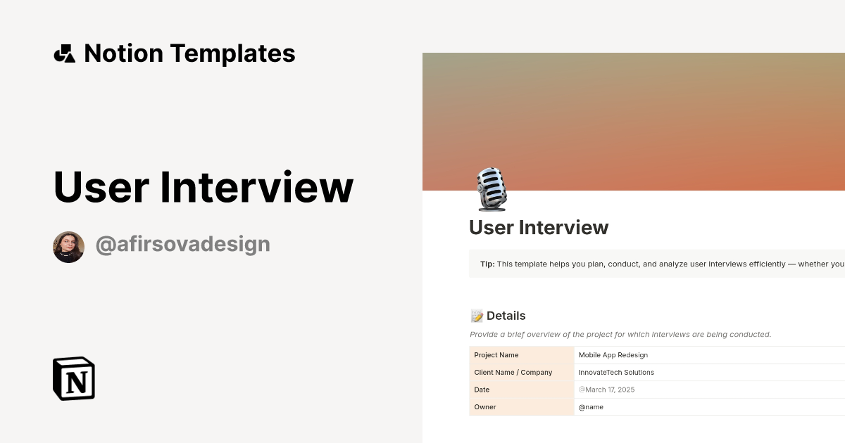 User Interview Template by Anastasiia Firsova | Notion Marketplace