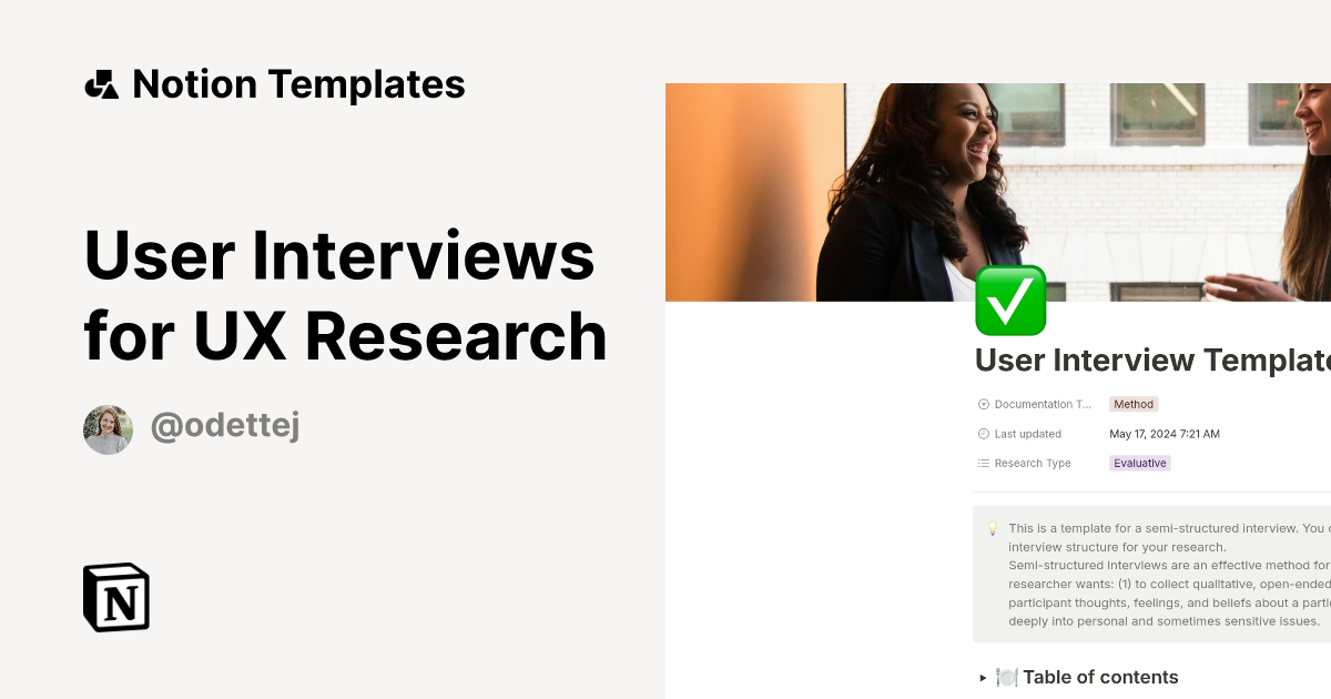 User Interviews for UX Research Template by Odette Jansen | Notion ...