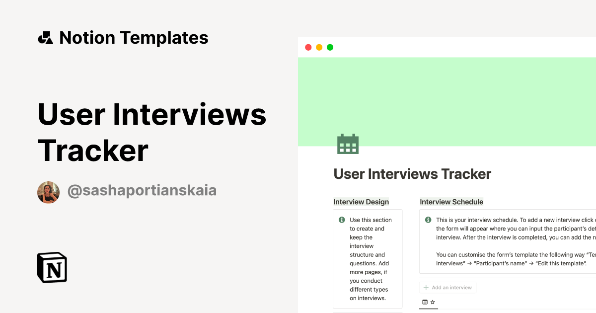 User Interviews Tracker Template by Sasha Portianskaia | Notion Marketplace