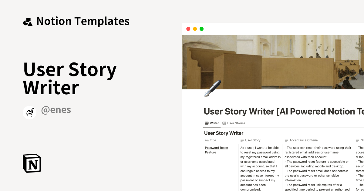 User Story Writer Template by Enes | Notion Marketplace