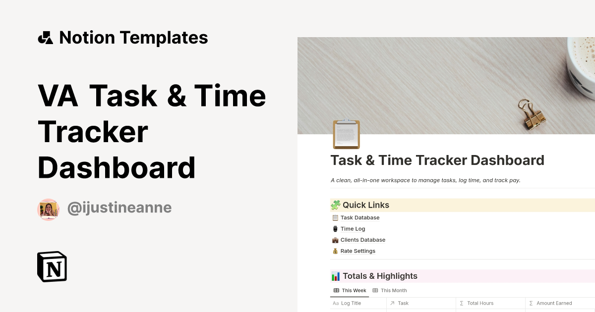 VA Task & Time Tracker Dashboard Template | Notion Marketplace