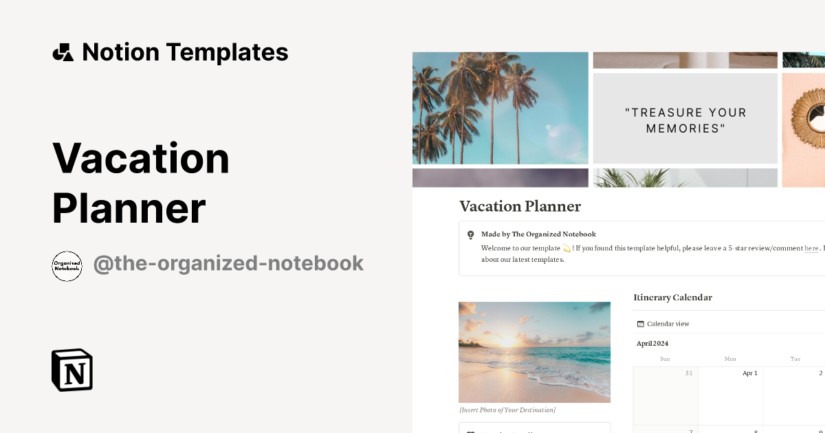 Vacation Planner Template by The Organized Notebook | Notion Marketplace