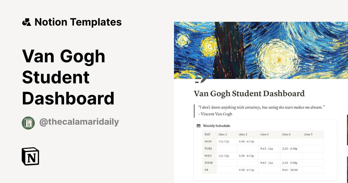 Van Gogh Student Dashboard Template by calamari | Notion Marketplace