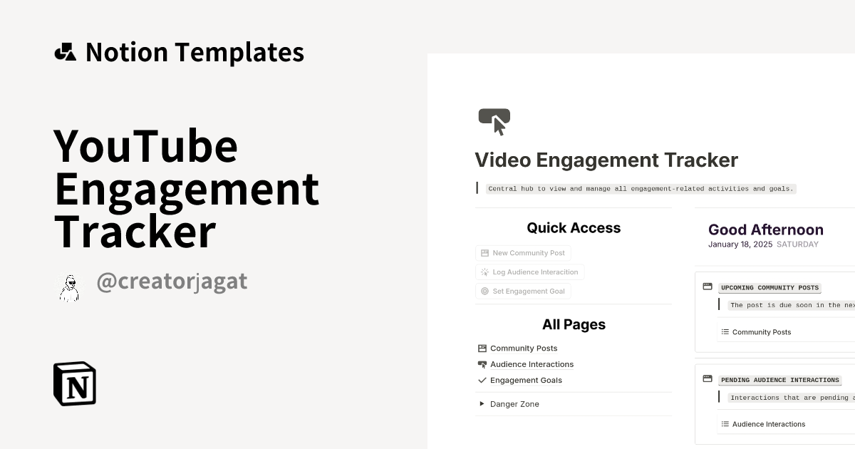 YouTube Engagement Tracker Template by CreatorJagat | Notion Marketplace