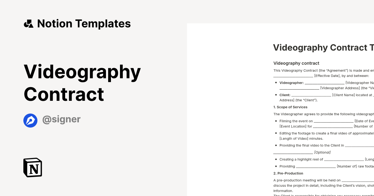 Videography Contract Template by Signer HQ | Notion Marketplace