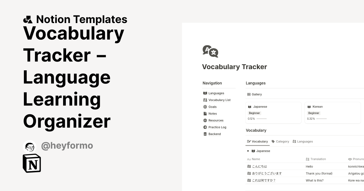 Vocabulary Tracker – Language Learning Organizer Template by Formo ...