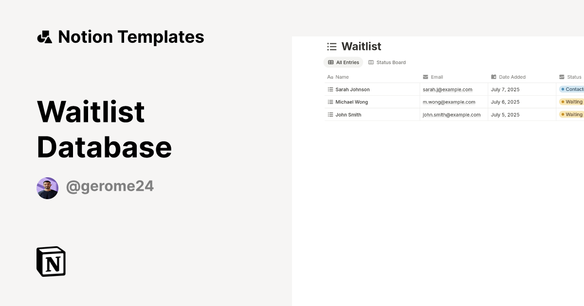 Waitlist Database Template by Gerome Elassaad | Notion Marketplace
