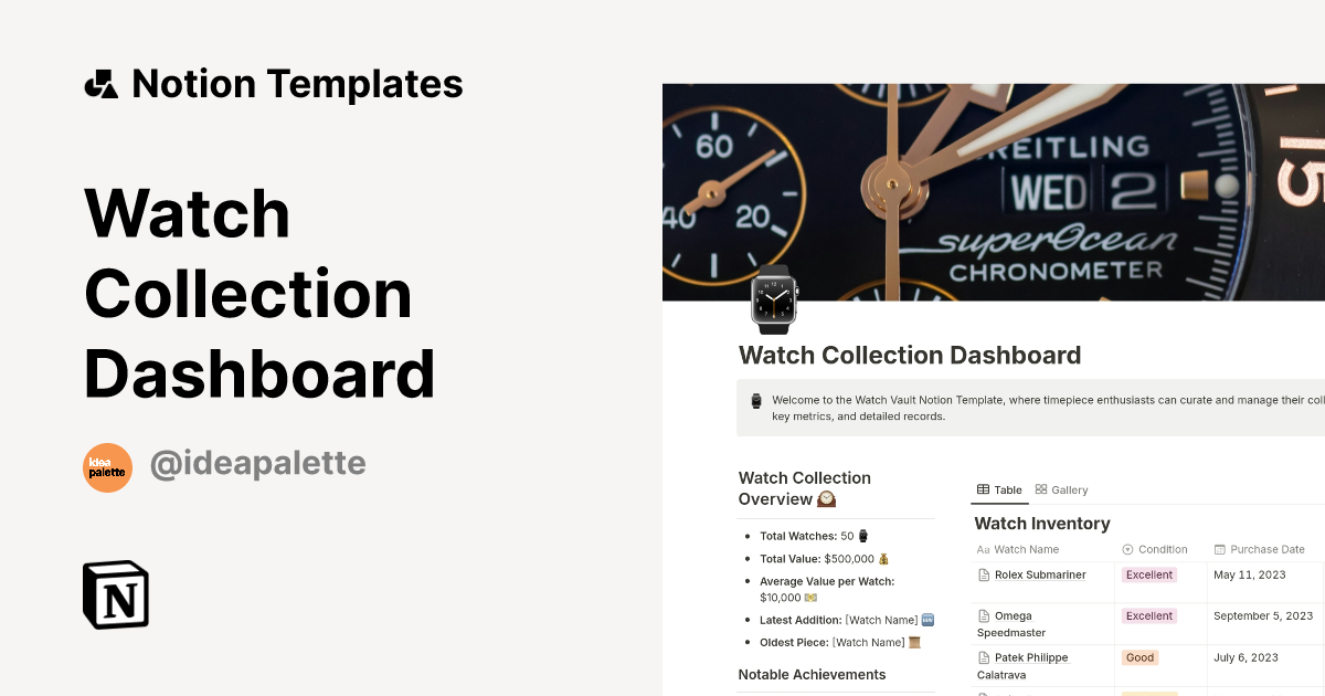 Watch Collection Dashboard Template by Idea Palette | Notion Marketplace