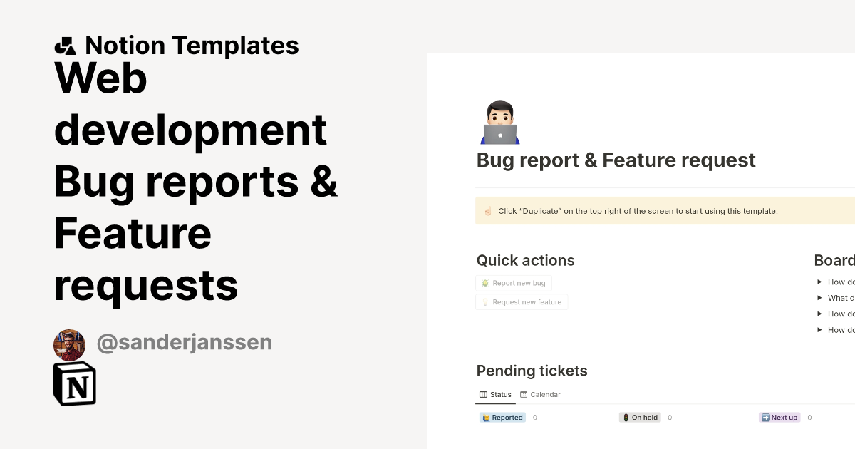 Web development Bug reports & Feature requests Template by Sander Janssen | Notion Marketplace