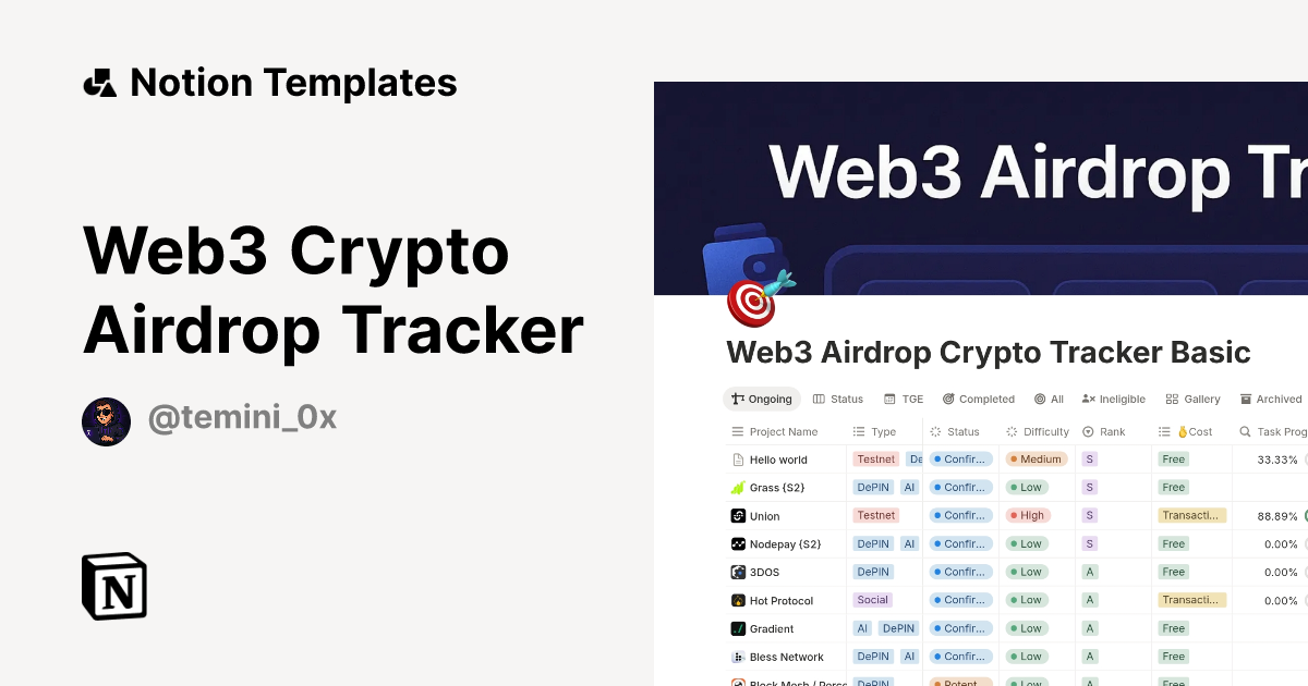 Web3 Airdrop Crypto Tracker Template by Temini_0x | Notion Marketplace