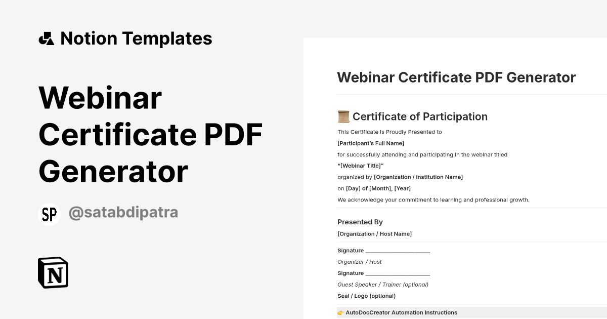 Webinar Certificate PDF Generator Template by Satabdi Patra | Notion ...