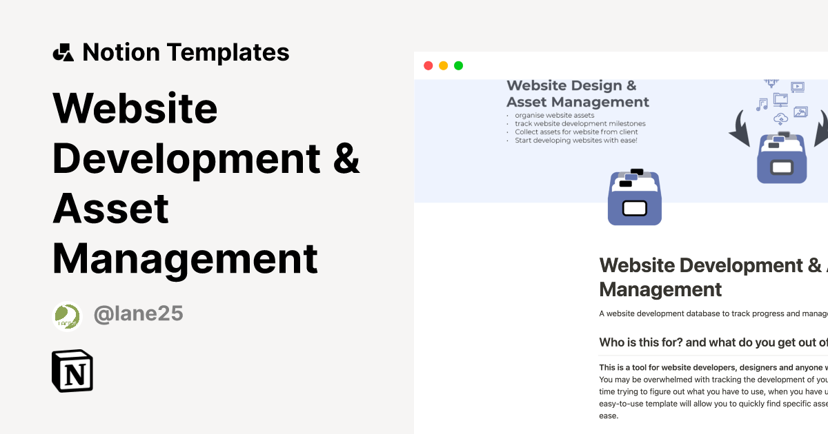 Website Development & Asset Management Template by Lane25 | Notion ...