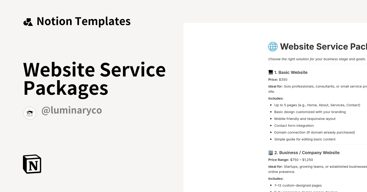 Website Service Packages Template by LuminaryCo. | Notion Marketplace