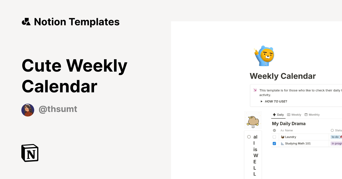 Cute Weekly Calendar Template by Studio thsumt | Notion Marketplace