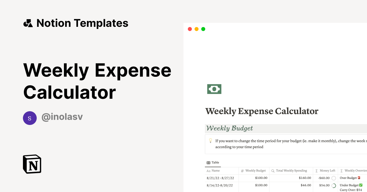 Weekly Expense Calculator Template | Notion Marketplace