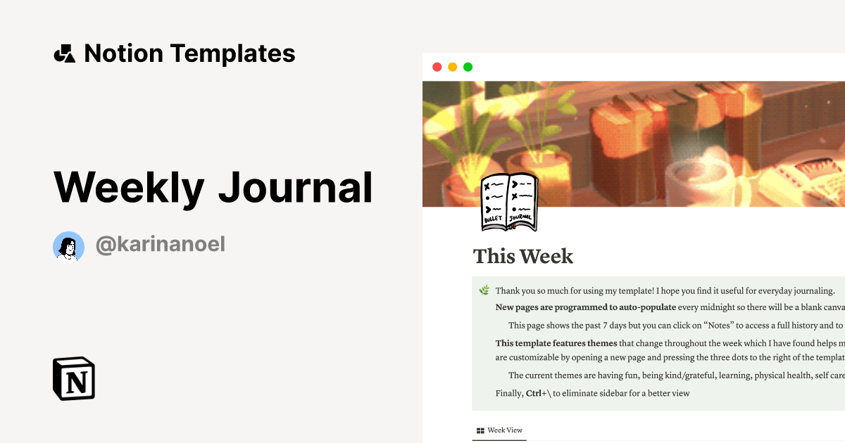 Weekly Journal Template by Karina Noel | Notion Marketplace
