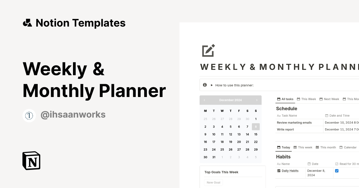 Weekly & Monthly Planner Template by Ihsaanworks | Notion Marketplace