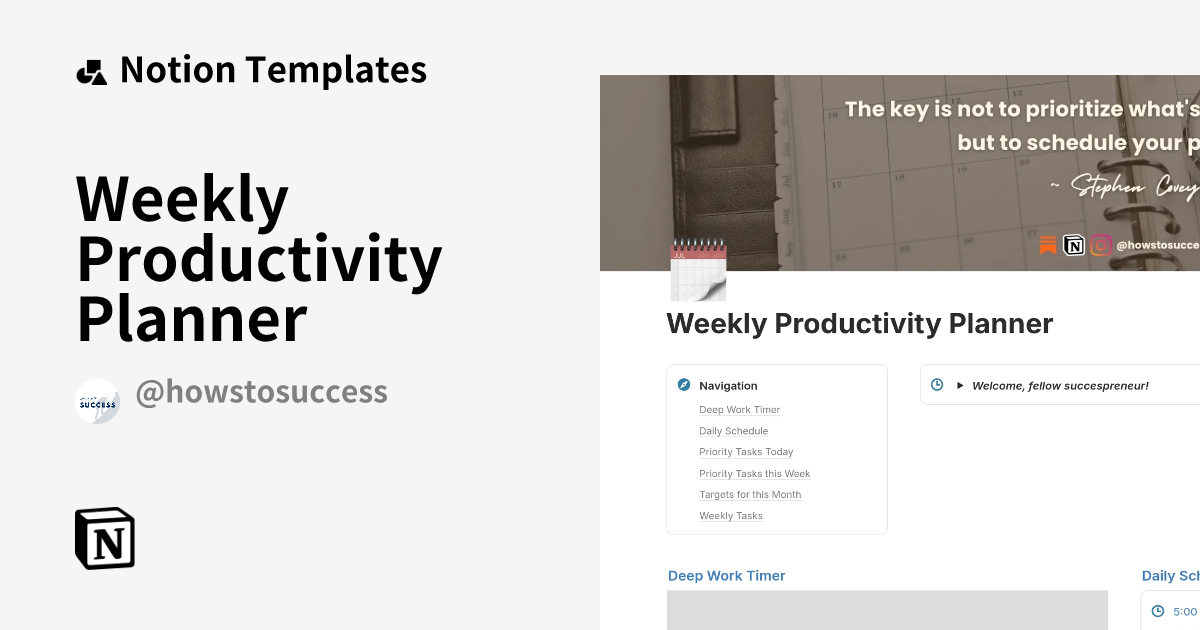 Weekly Productivity Planner Template by Hows to Success | Notion ...