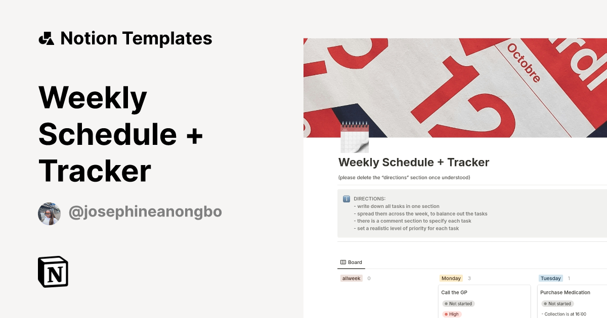 Weekly Schedule + Tracker Template by Josephine | Notion Marketplace