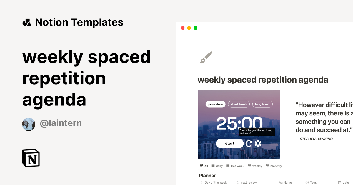 weekly spaced repetition agenda Template | Notion Marketplace