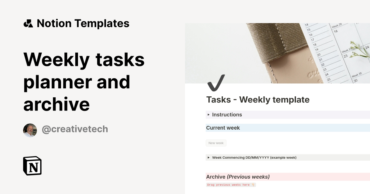 Weekly tasks planner and archive Template by Rowan's Creative Tech ...