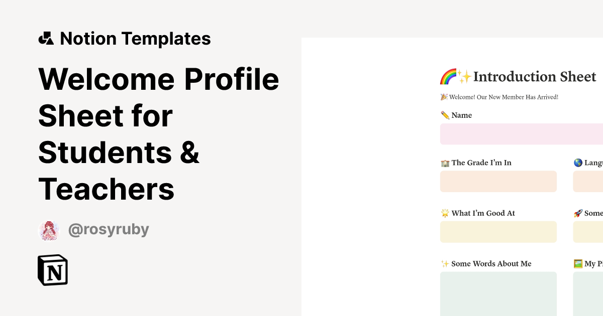 Welcome Profile Sheet for Students & Teachers Template by Rosy Ruby🌹 ...