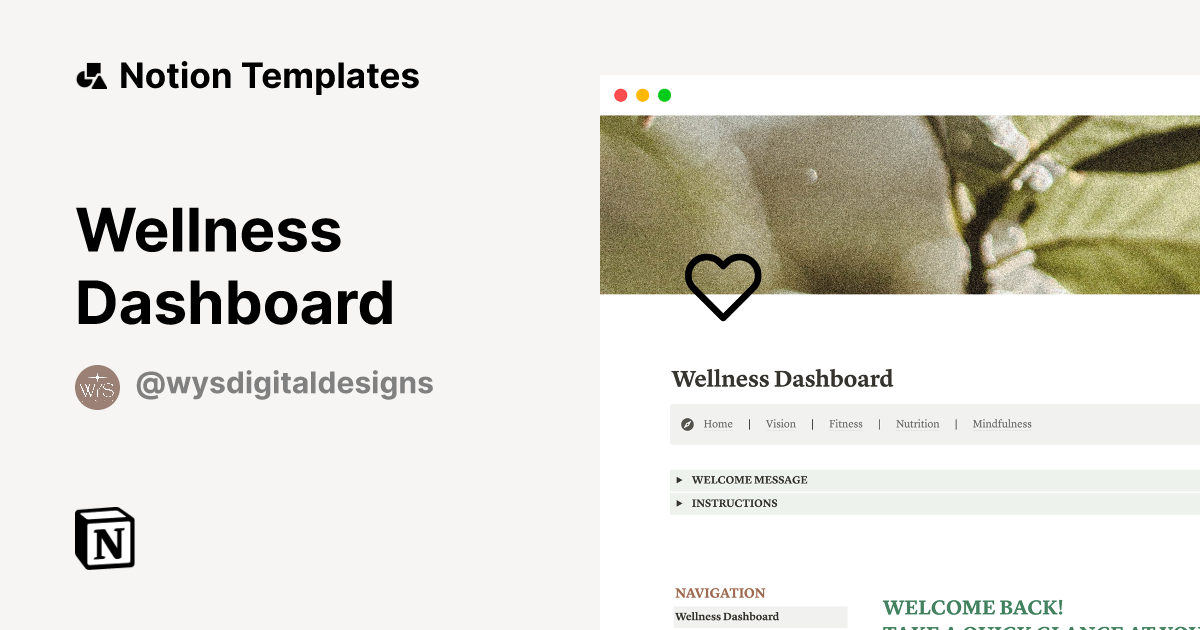 Wellness Dashboard Template by WYS Digital Designs | Notion Marketplace