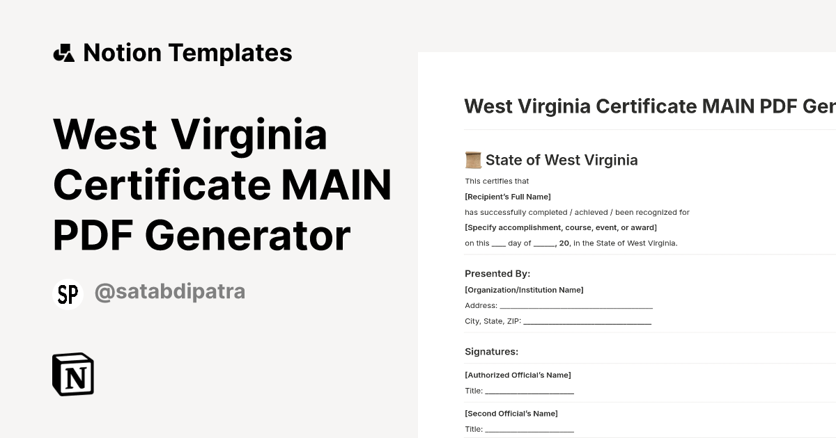 West Virginia Certificate MAIN PDF Generator Template | Notion Marketplace