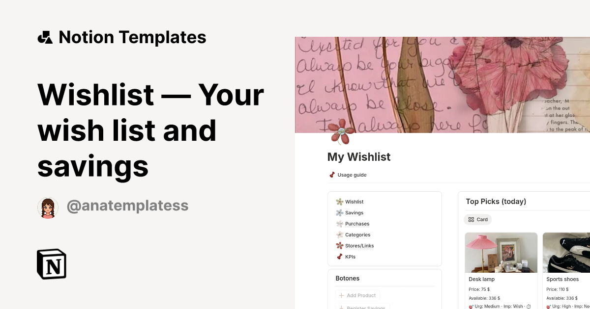 Wishlist — Your wish list and savings Template by AnaTemplates | Notion ...
