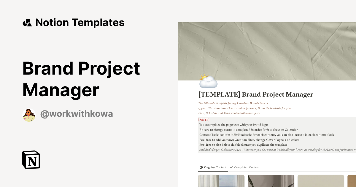 Brand Project Manager Template by WorkWithKowa | Notion Marketplace