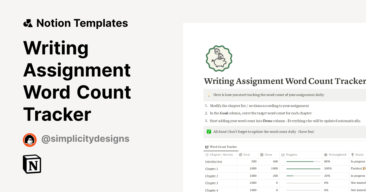 Writing Assignment Word Count Tracker Template | Notion Marketplace