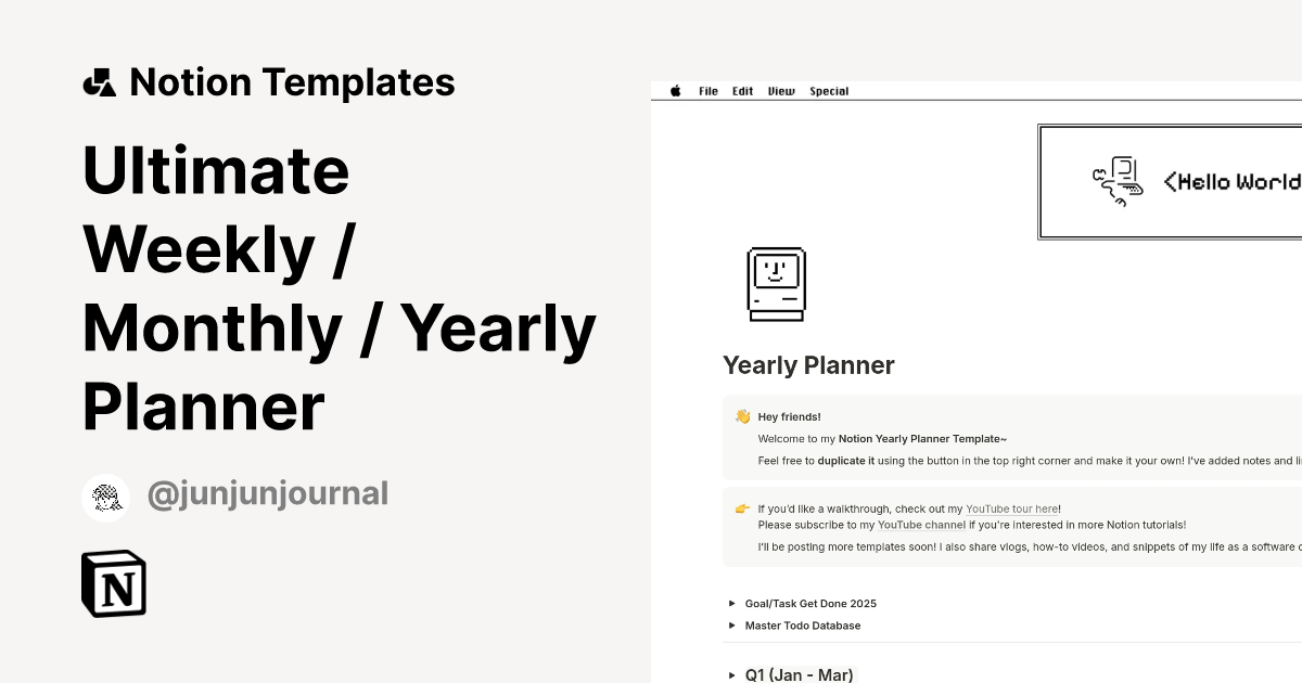 Ultimate Weekly / Monthly / Yearly Planner Template by Jun | Notion ...