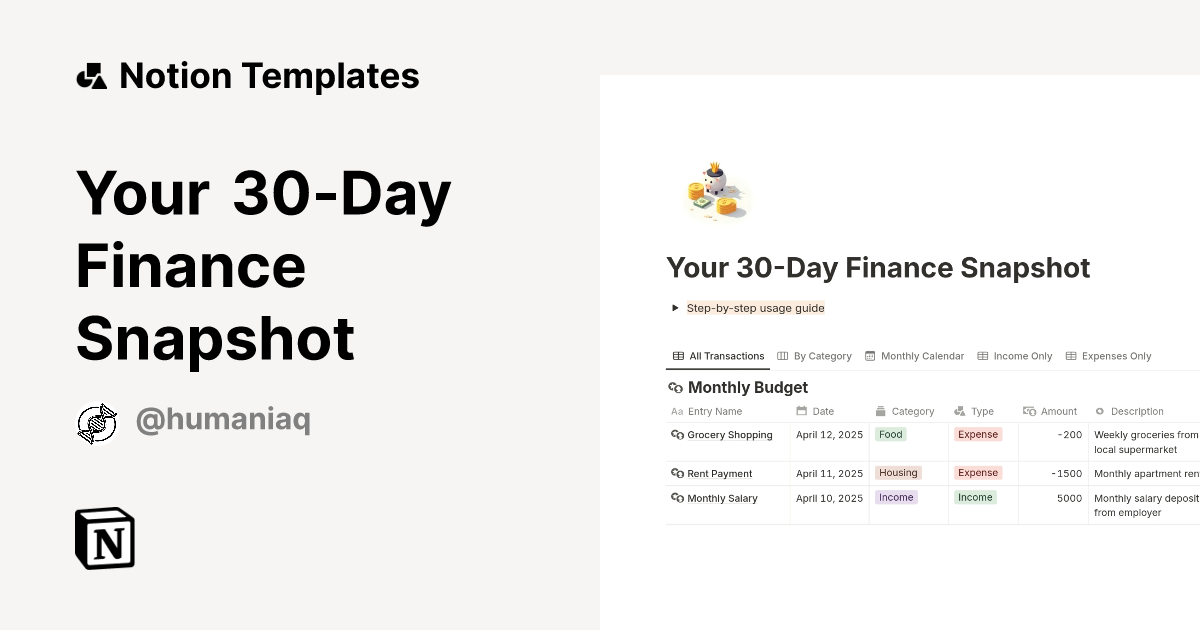 Your 30-Day Finance Snapshot Template by Humaniaq | Notion Marketplace
