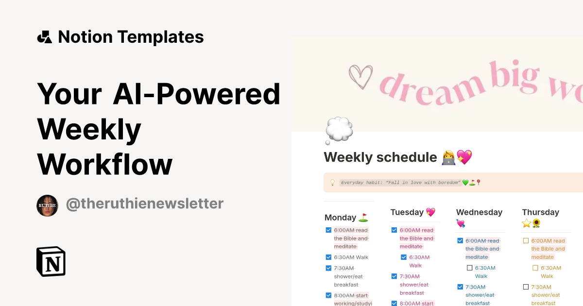 Your AI-Powered Weekly Workflow Template by RUTHIE | Notion Marketplace