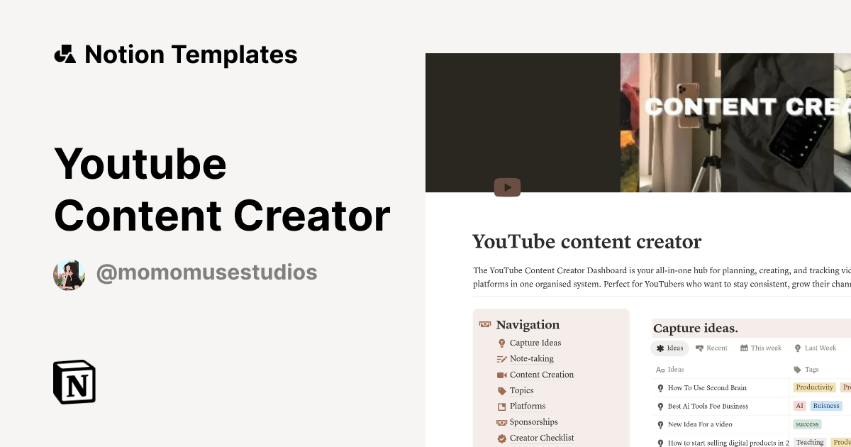 Youtube Content Creator Template by momomuse studio | Notion Marketplace